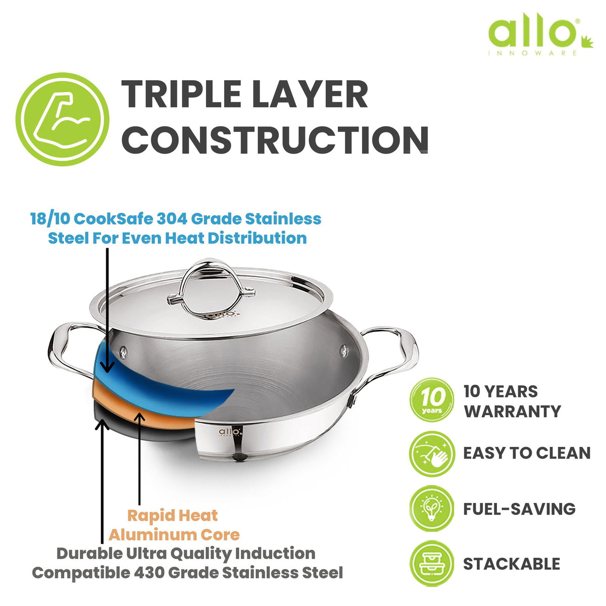 1.2L Allo CookSafe TriPly Kadhai | Stainless Steel | With Stainless St ...