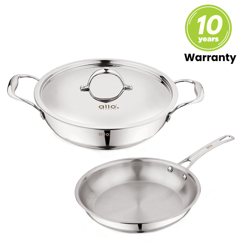 Allo CookSafe TriPly Stainless Steel Kadhai & Frypan 2pcs Combo Set of ...