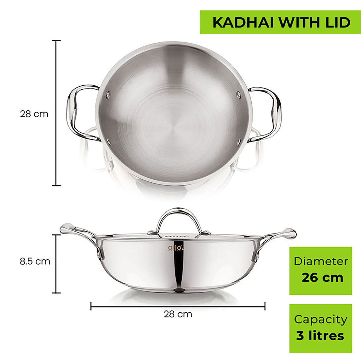 Allo CookSafe TriPly Stainless Steel Kadhai & Tope 2pcs Combo Set of 3 ...