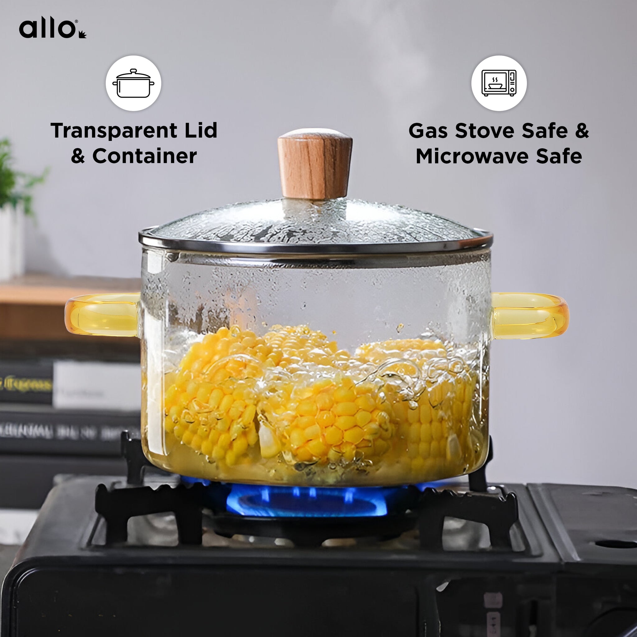 Allo Glass Cookware Cooking Pot With Glass Lid, 3000 Ml | Glass Casser ...