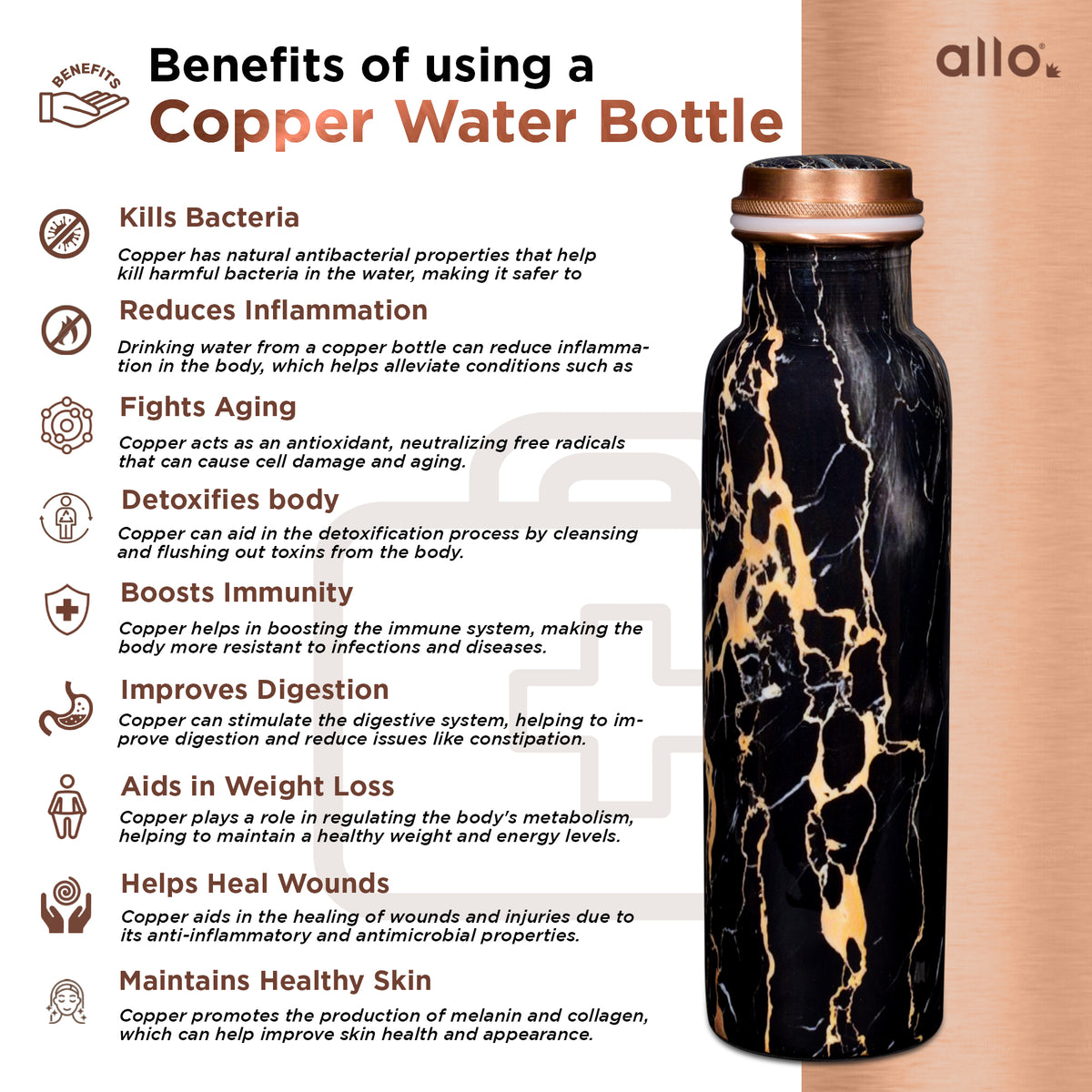 Allo Pure Copper Water Bottle 1 Litre Copper Bottle | Alkaline and Ant ...